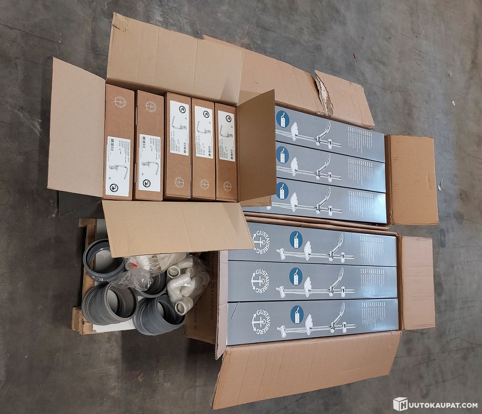 Erä Gustavsbergin suihkusettejä ja keittiön hanoja, sekä viemäriosia ...