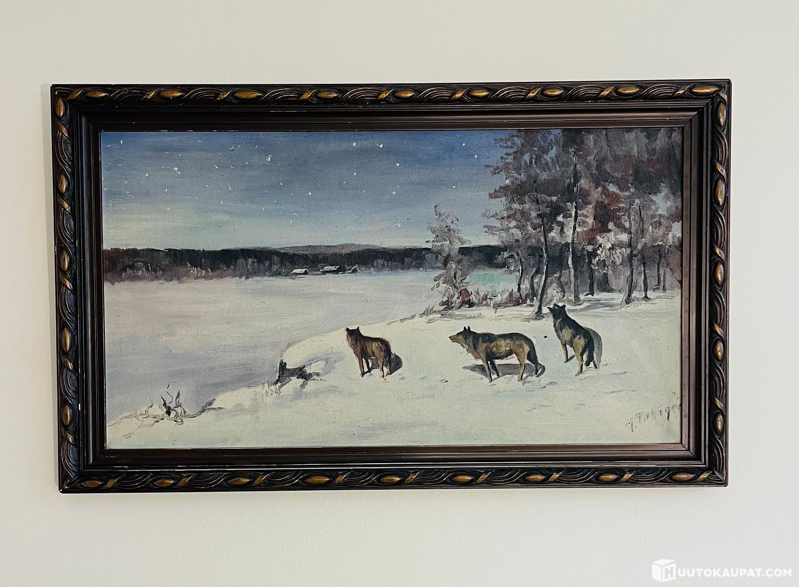 HARVINAINEN - Öljyvärimaalaus - sudet lumihangilla - M.Pitkänen, Lohja ...