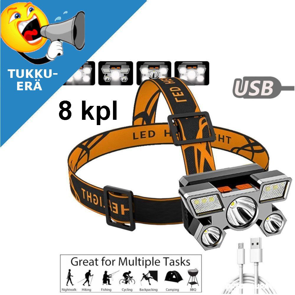 TUKKUERÄ: 8 kpl Ladattavia Otsalamppuja 5Led USB 18650 Akuilla, Hämeenlinna | Huutokaupat.com