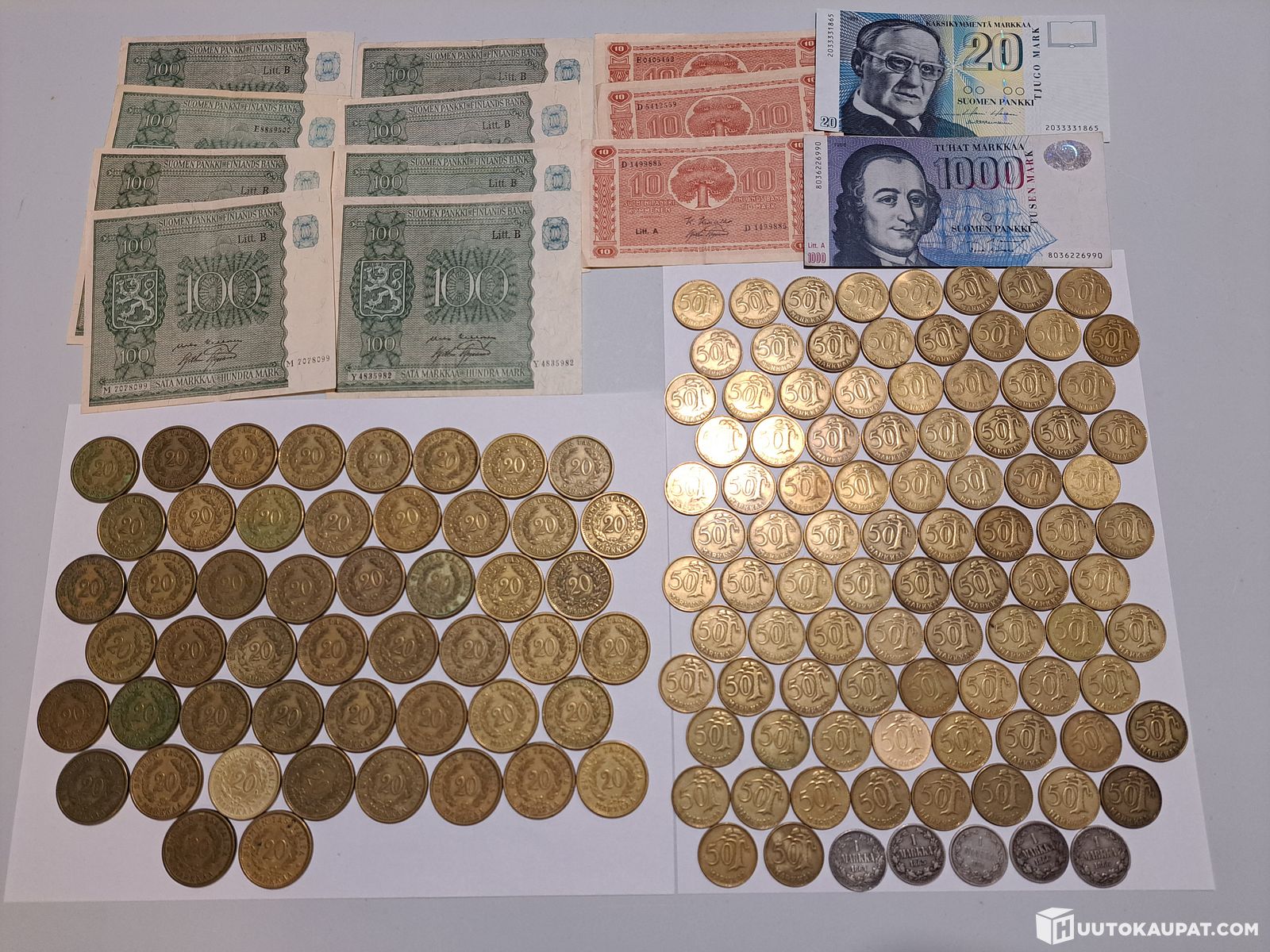 Hopeamarkka 1864,1000 markan seteli ja muita rahoja, Riihimäki ...