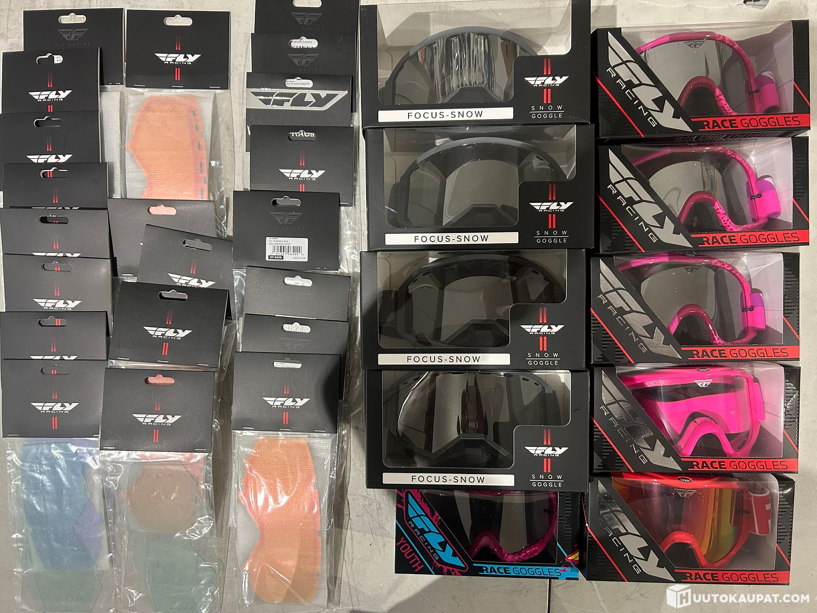 10kpl poistoerä Fly Racing Focus Snow ja Zone/ Youth Ajolaseja + 20kpl vaihtolinssejä erä sh.599 ...